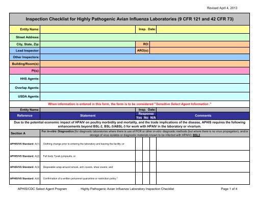 HPAI virus Checklist - Select Agent Program