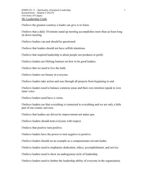 My Leadership Credo I believe the greatest courtesy a leader can ...