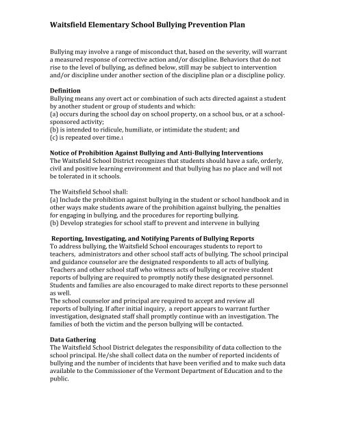 Waitsfield Elementary School Bullying Prevention Plan