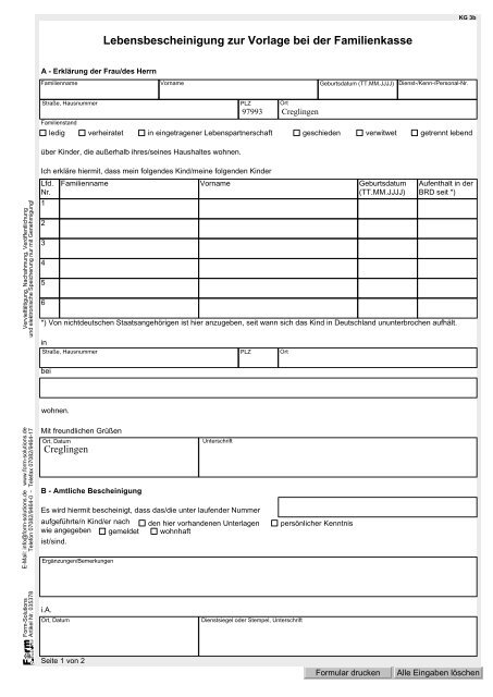 Lebensbescheinigung zur Vorlage bei der Familienkasse