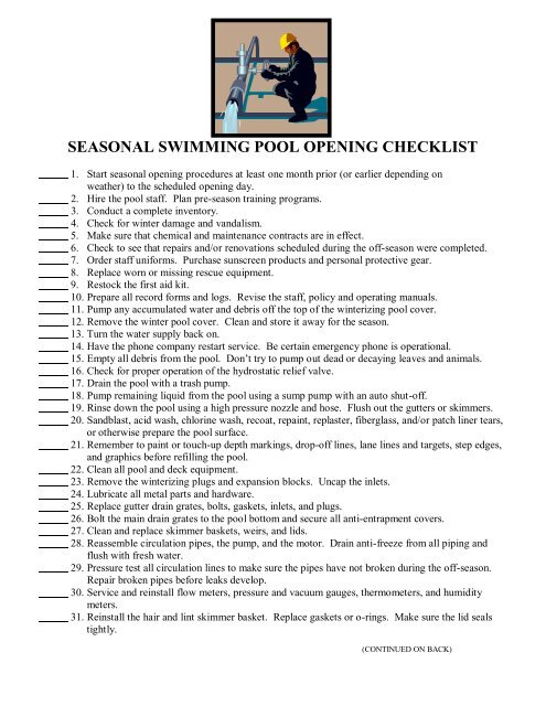 SEASONAL SWIMMING POOL OPENING CHECKLIST