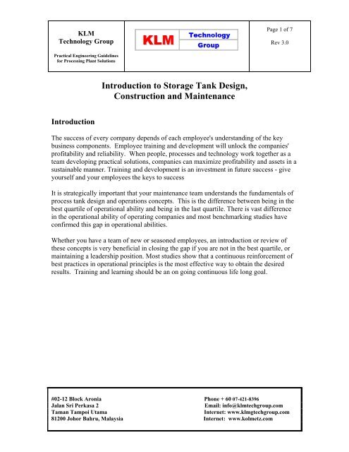 Introduction to Storage Tank Design, Construction and Maintenance