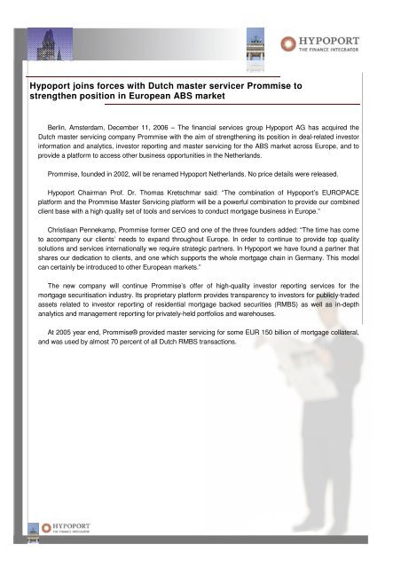 Hypoport joins forces with Dutch master servicer Prommise