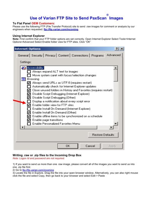 Use of Varian FTP Site to Send PaxScan Images