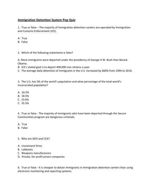 Immigration Detention System Pop Quiz