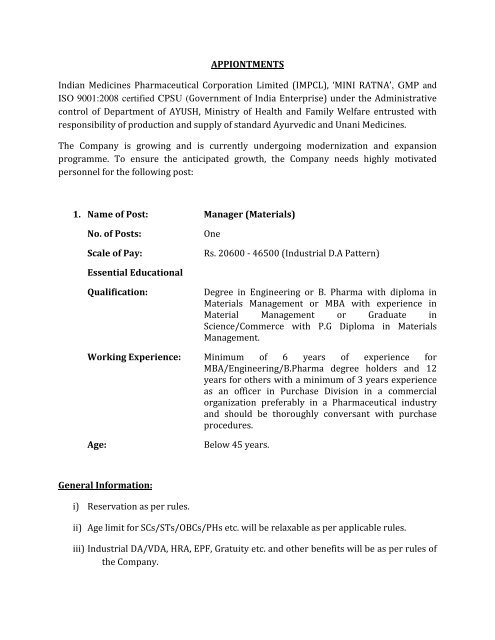 (IMPCL), 'MINI RATNA', GMP and ISO 9001:2008 certified CPSU