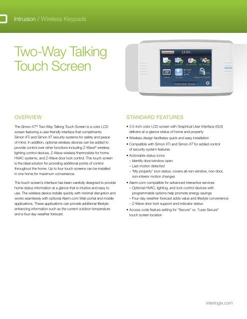 Simon XT Two-Way Talking Touch Screen Data Sheet - Interlogix