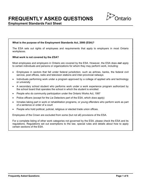 Employment Standards Fact Sheet -- Frequently Asked Questions