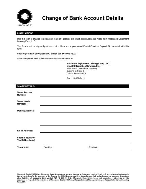 Change of Bank Account Details - Macquarie