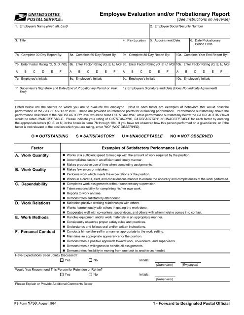 PS Form 1750, Employee Evaluation and/or Probationary Report