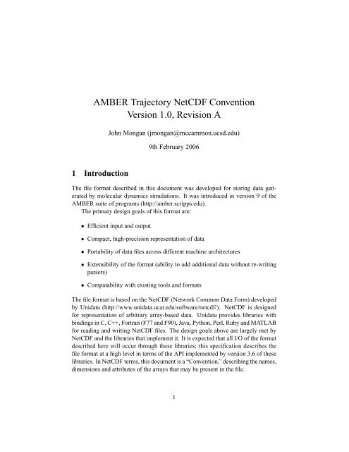 AMBER Trajectory NetCDF Convention Version 1.0, Revision A