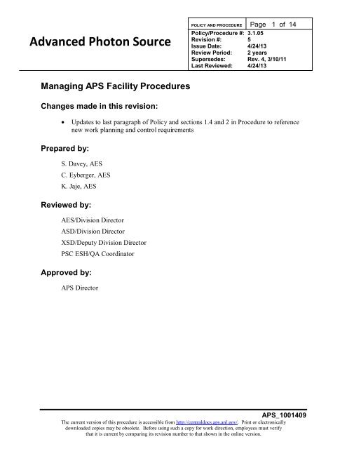 Managing APS Facility Procedures, rev. 4 - Document Central