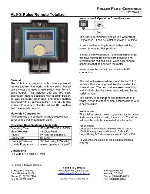 VL9-S Pulse Remote Totalizer - Follin Flo-Controls