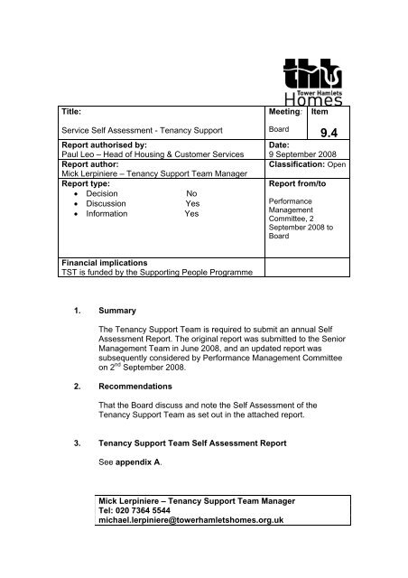 Item 9.4 - Self Assessment - Tenancy Support - Tower Hamlets Homes
