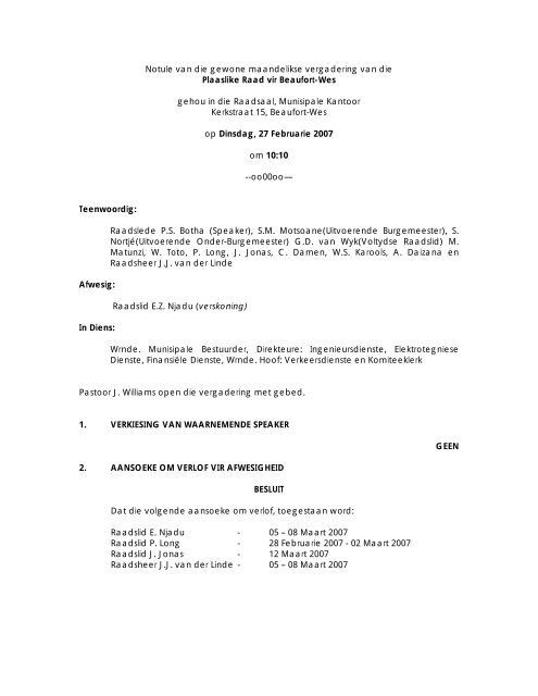 Notule van die gewone maandelikse vergadering van die
