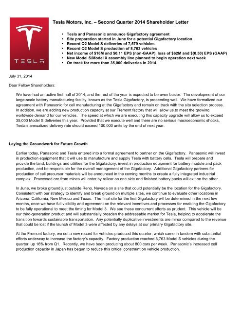 Tesla Q2'14 Shareholder Letter