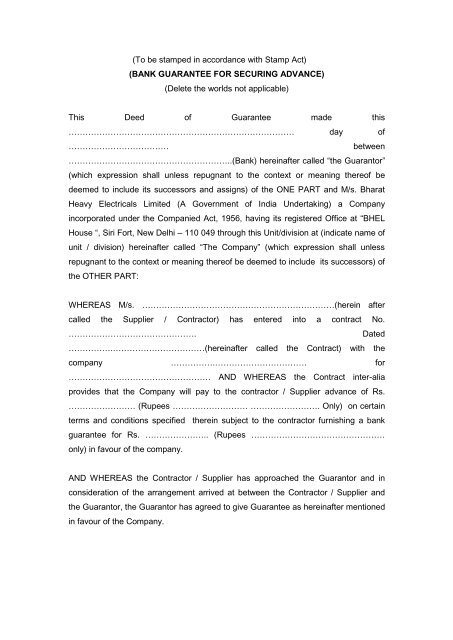 BANK GUARANTEE FOR SECURITY DEPOSIT (PROFORMA)