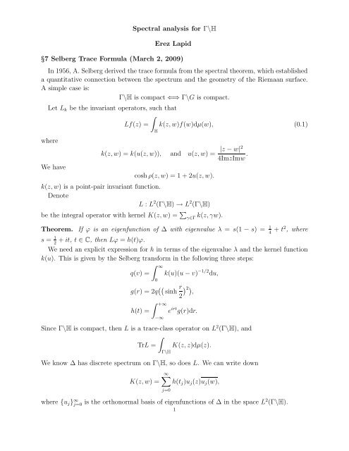 Spectral analysis for Î \H Erez Lapid Â§7 Selberg Trace Formula ...