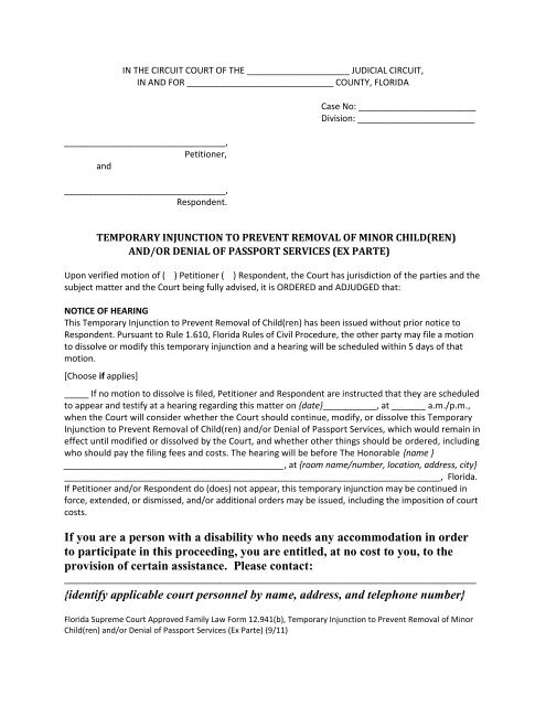 Temporary Injunction to Prevent Removal of Minor Child ... - LegalFill