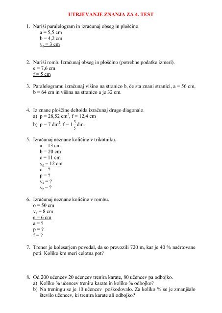 UTRJEVANJE ZNANJA ZA 4. TEST 1. Nariši paralelogram in ...