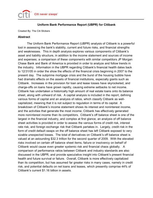 Uniform Bank Performance Report (UBPR) for Citibank - Anderson ...
