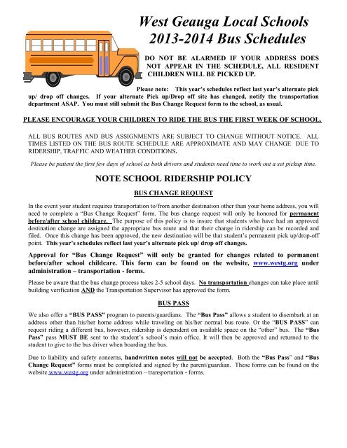 Bus Schedule Information - West Geauga Local Schools