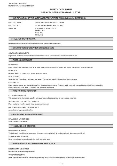 safety data sheet spray duster 400ml/470g - 5 star - Office 365
