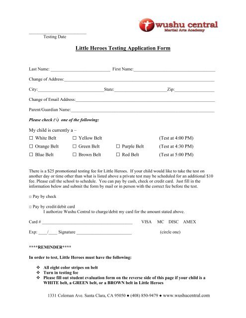 Little Heroes Testing Application Form - Wushu Central