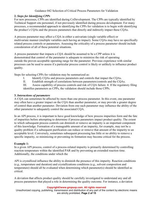 Guidance 042 Selection Of Critical Process Parameters For Validation