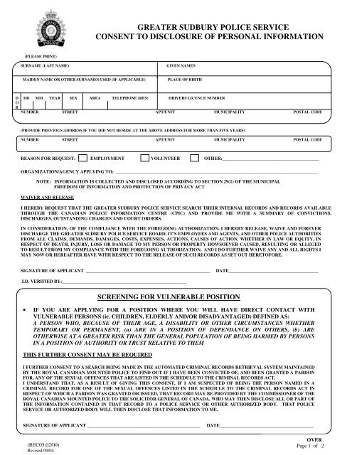 greater sudbury police service consent to disclosure of personal ...