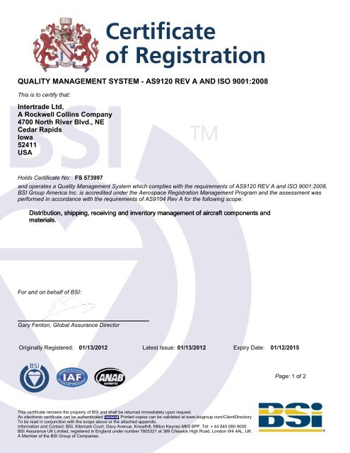 quality management system - as9120 rev a and iso - Rockwell Collins