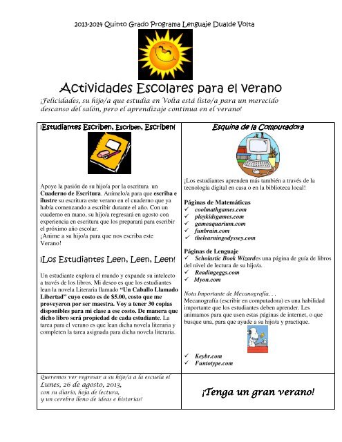 Actividades Escolares para el verano