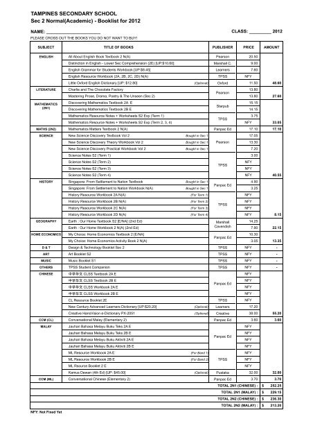 Book list and Stationery Sec 2 Normal Academic - Tampines ...