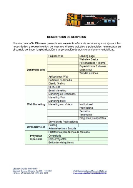 DESCRIPCION DE SERVICIOS Nuestra compañía Ditecmar ...