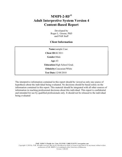 MMPI-2-RF Adult Interpretive System Version 4 Content ... - PAR