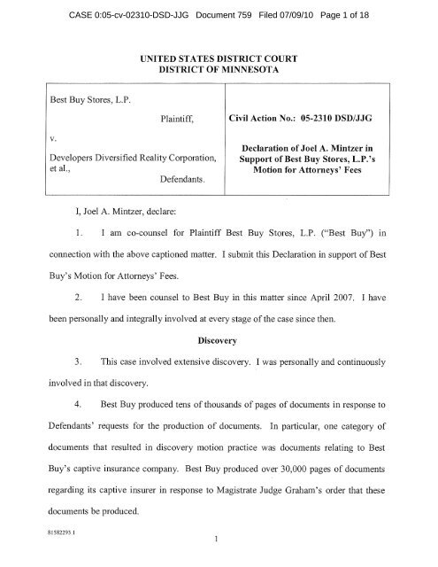 Mintzer Declaration in Support of Motion for Attorney Fees