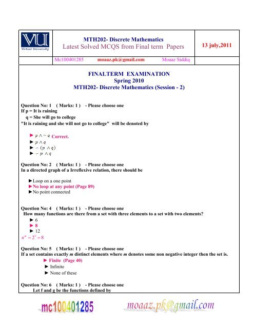 MTH202-Discrete Mathematics-Latest-Solved-MCQs-From ... - vuZs MTH202-Discrete Mathematics-Latest-Solved-MCQs-From ... - vuZs