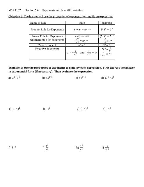 MGF 1107 Section 5.6 Exponents and Scientific Notation Objective 1 ...
