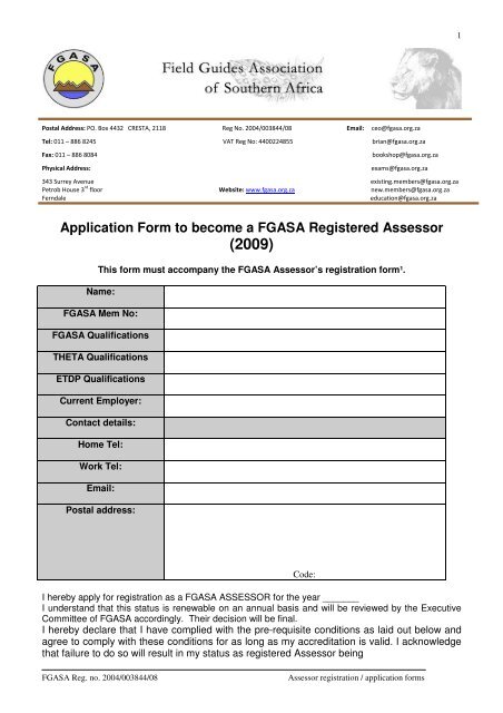 Application Form to become a FGASA Registered Assessor (2009)