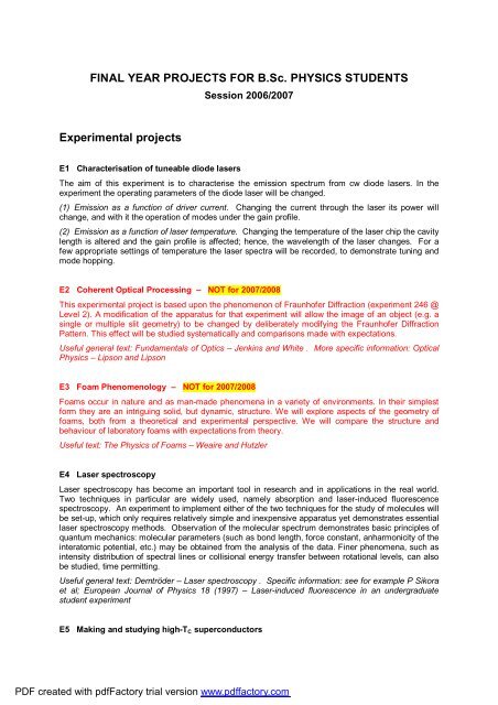 FINAL YEAR PROJECTS FOR B.Sc. PHYSICS STUDENTS ...