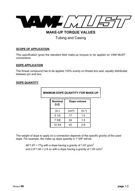 MAKE-UP TORQUE VALUES Tubing and Casing - VAM Services