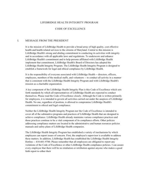 LifeBridge Health Integrity Program Code of Excellence