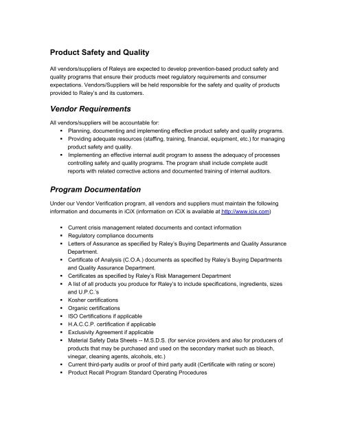 Product Safety and Quality Vendor Requirements Program ...