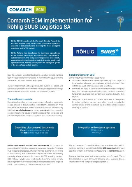 Comarch ECM implementation for Röhlig SUUS Logistics SA