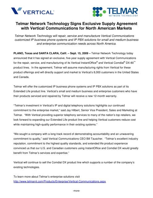 Telmar Network Technology Signs Exclusive Supply ... - Vertical