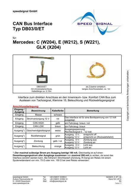 CAN Bus Interface Typ DB03/0/ET Mercedes: C ... - speedsignal.de