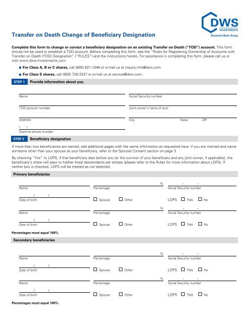 Transfer on Death Change of Beneficiary ... - DWS Investments