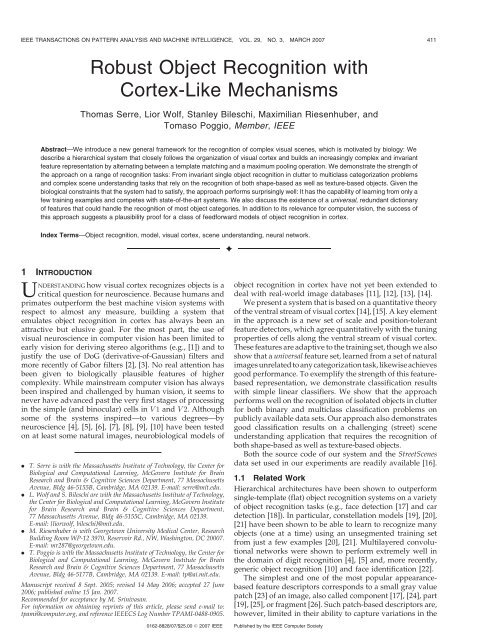 Robust Object Recognition with Cortex-Like Mechanisms