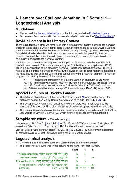 David's Lament for Saul and Jonathan in 2 Samuel 1 - labuschagne