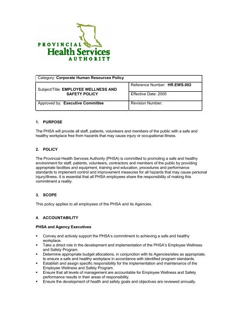Employee Wellness and Safety Policy - Welcome to PHSA